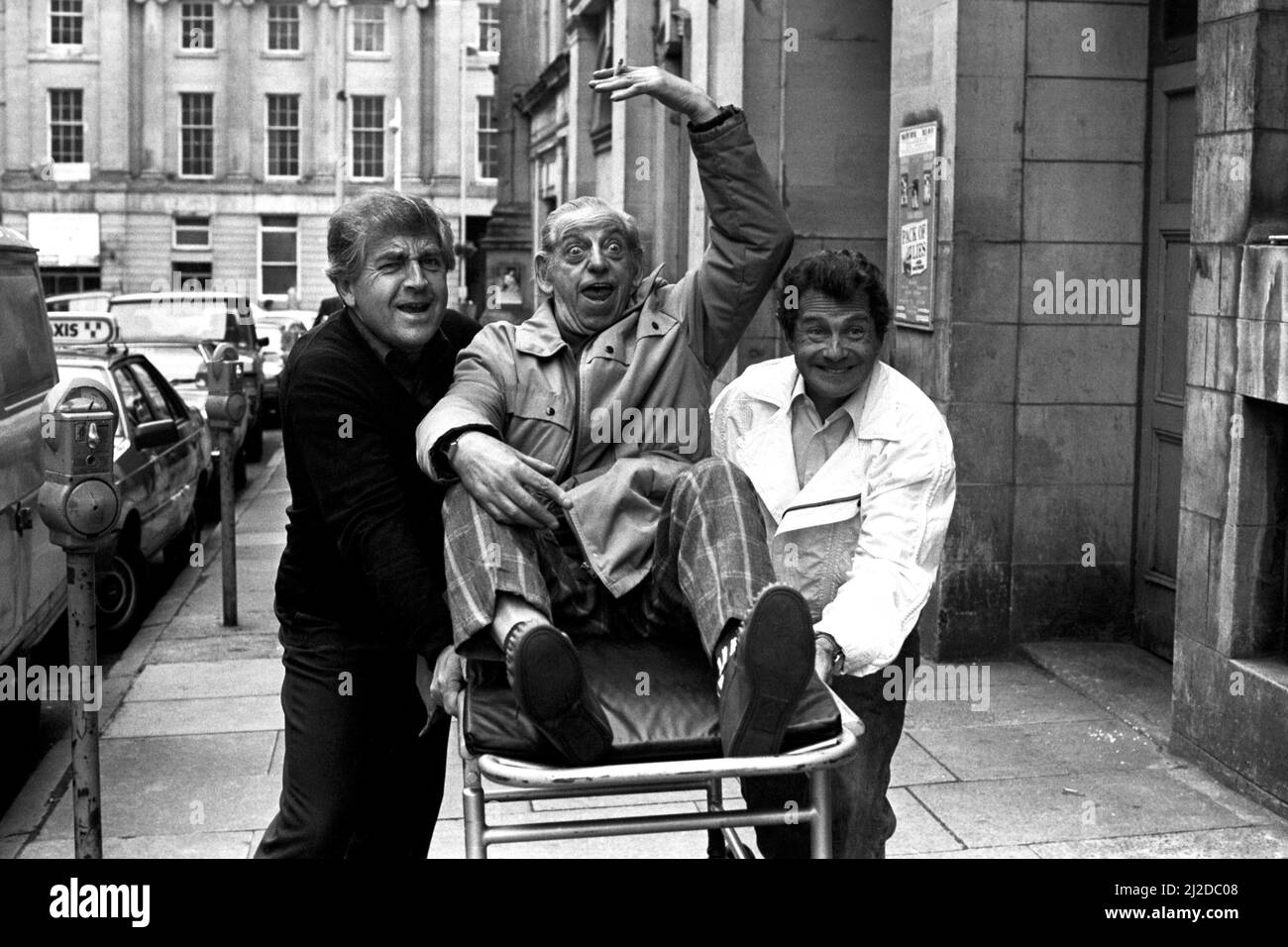 Actors Peter Baldwin, Ben Warriss and David Ross outside the Theatre Royal, Newcastle where they ...