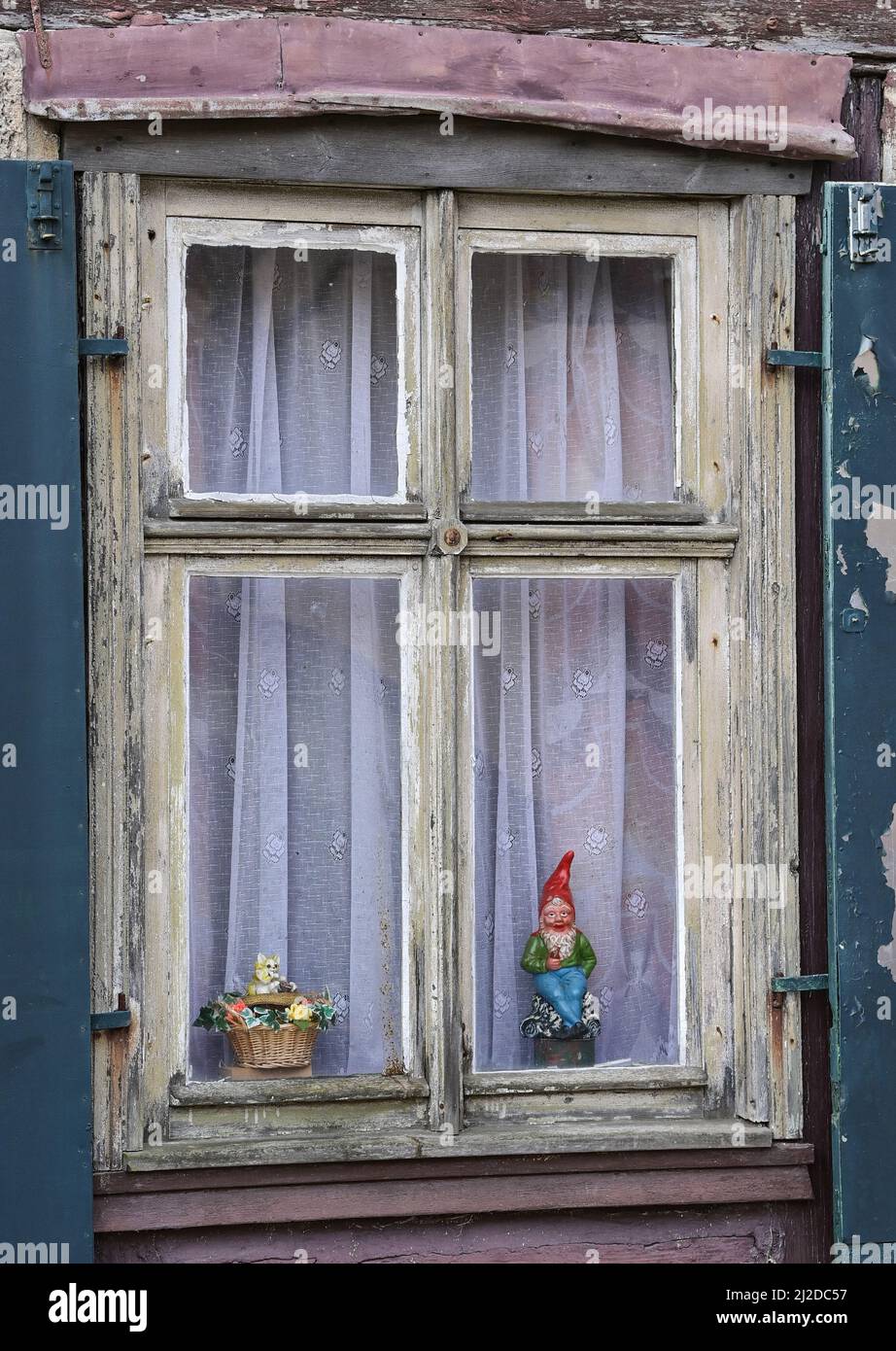 Templin, Germany. 30th Mar, 2022. A garden gnome stands behind a window ...