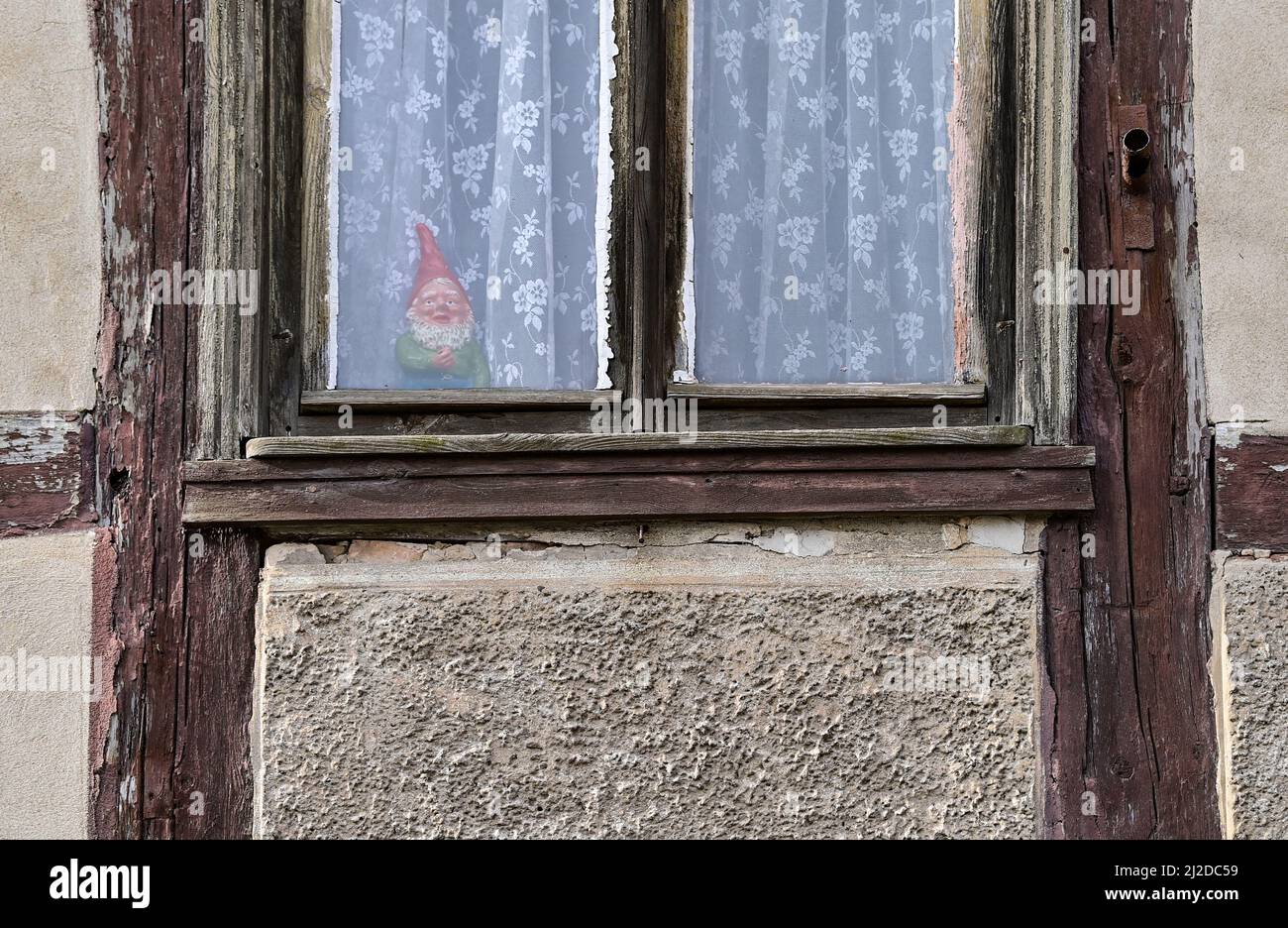 Templin, Germany. 30th Mar, 2022. A garden gnome stands behind a window ...