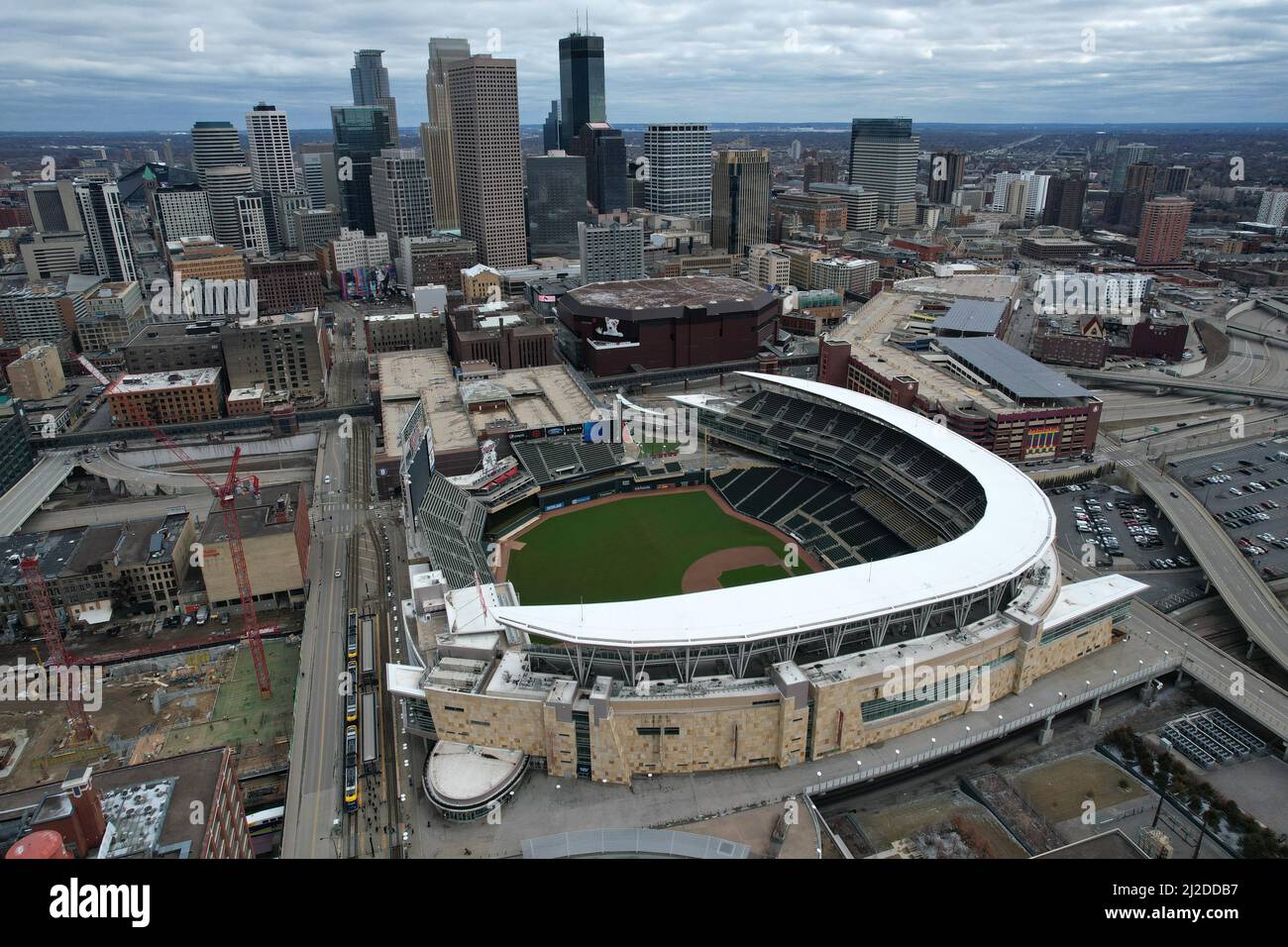 An aerial view of Target Field and downtown skyline, Thursday, Mar. 31 ...
