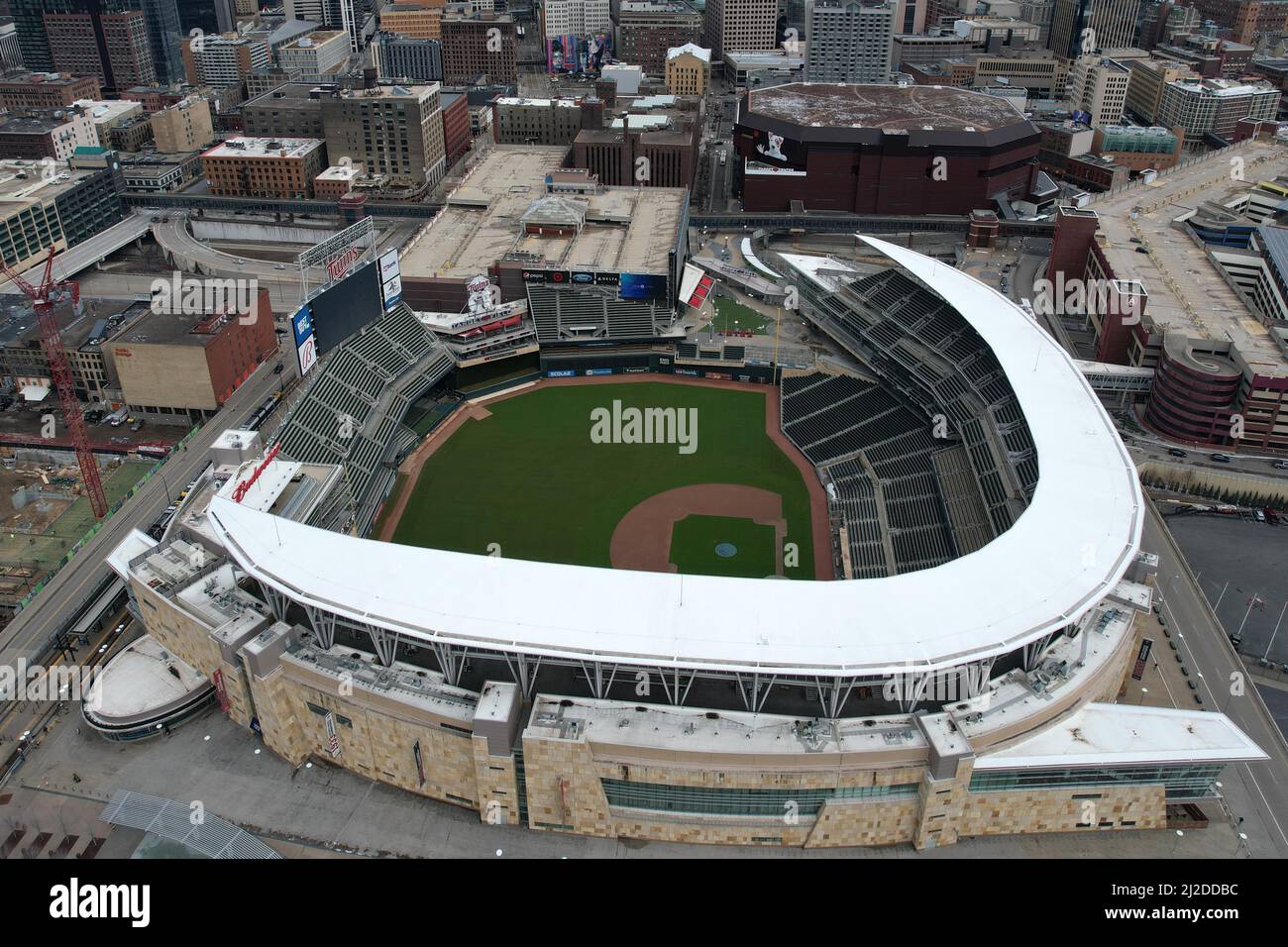 An aerial view of Target Field, Thursday, Mar. 31, 2022, in Minneapolis ...