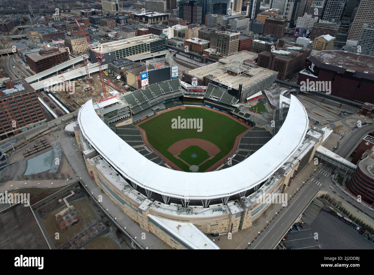 An aerial view of Target Field, Thursday, Mar. 31, 2022, in Minneapolis ...