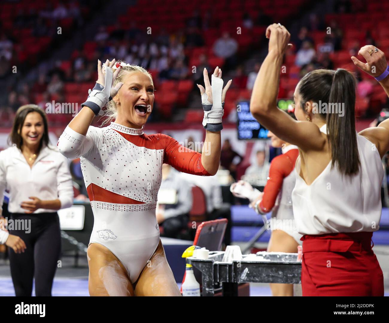 Norman, OK, USA. 31st Mar, 2022. Arkansas' Sarah Shaffer gets ready to ...