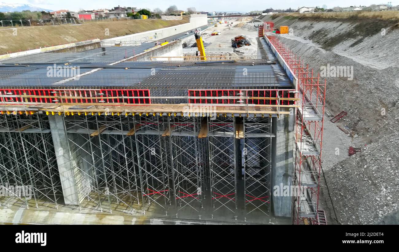 Highway construction site view. Civil engineering. Road on costruction ...