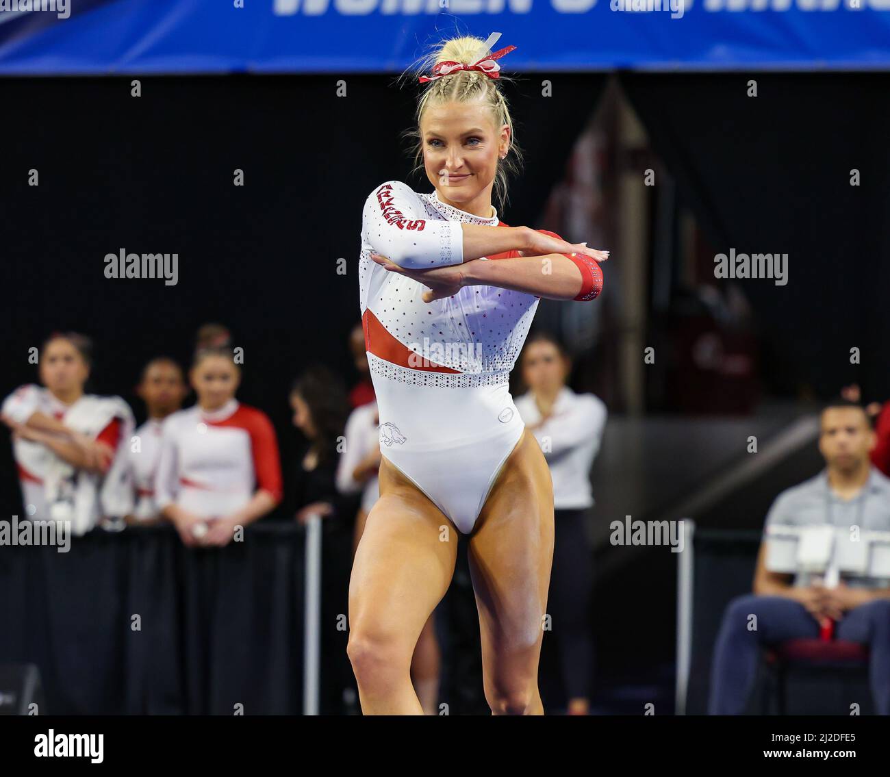 Norman, OK, USA. 31st Mar, 2022. Arkansas' Sarah Shaffer performs her ...