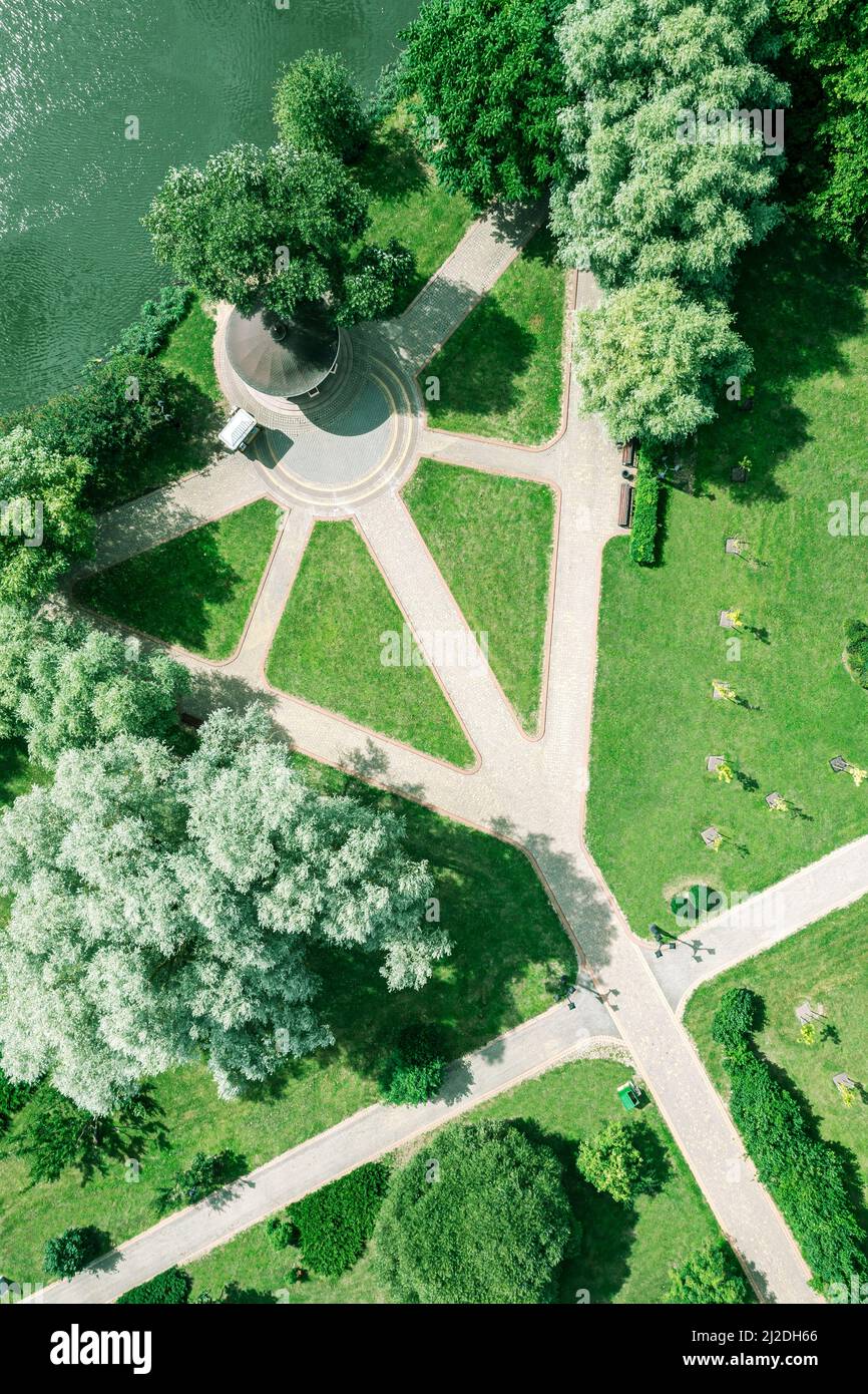view from above of summer park landscape with green trees, lawn and ...