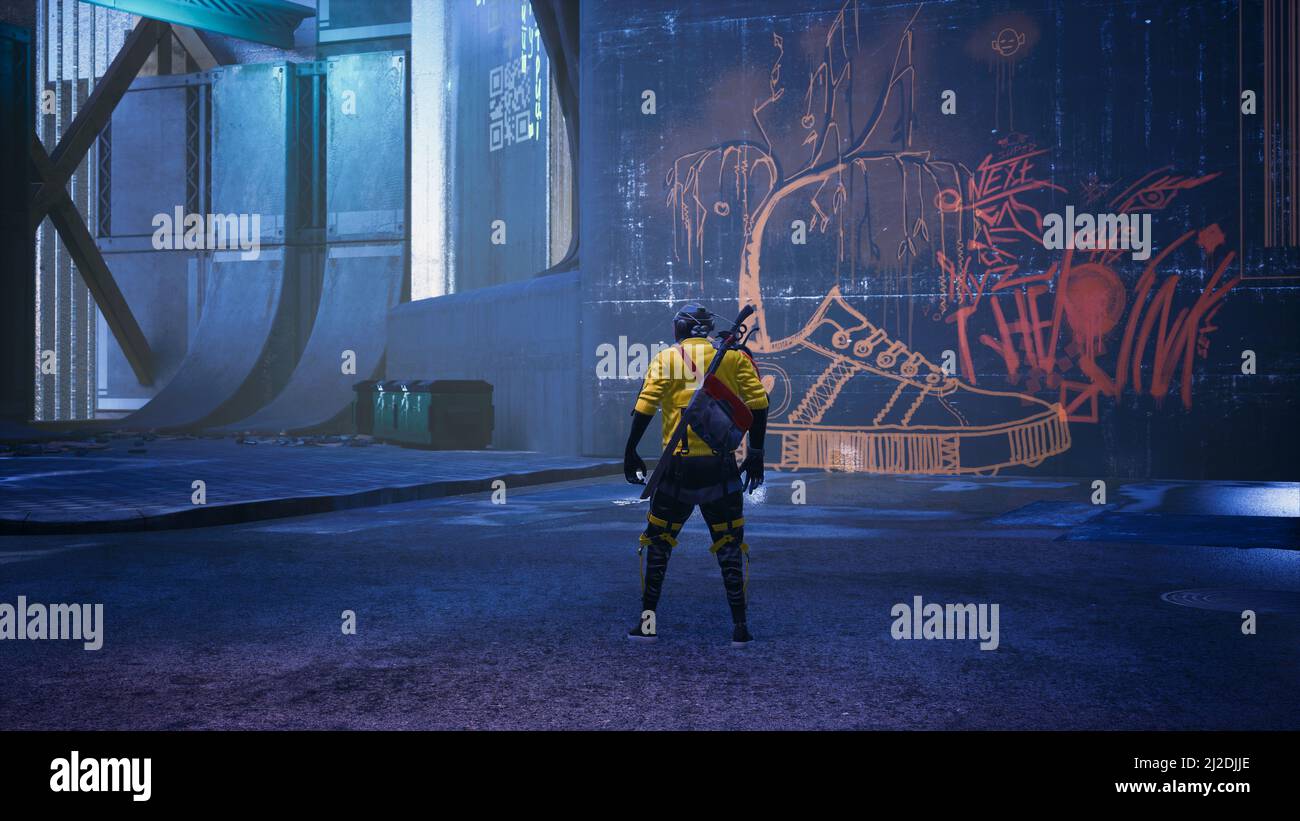 Cyberpunk street with character, 3d render Stock Photo - Alamy