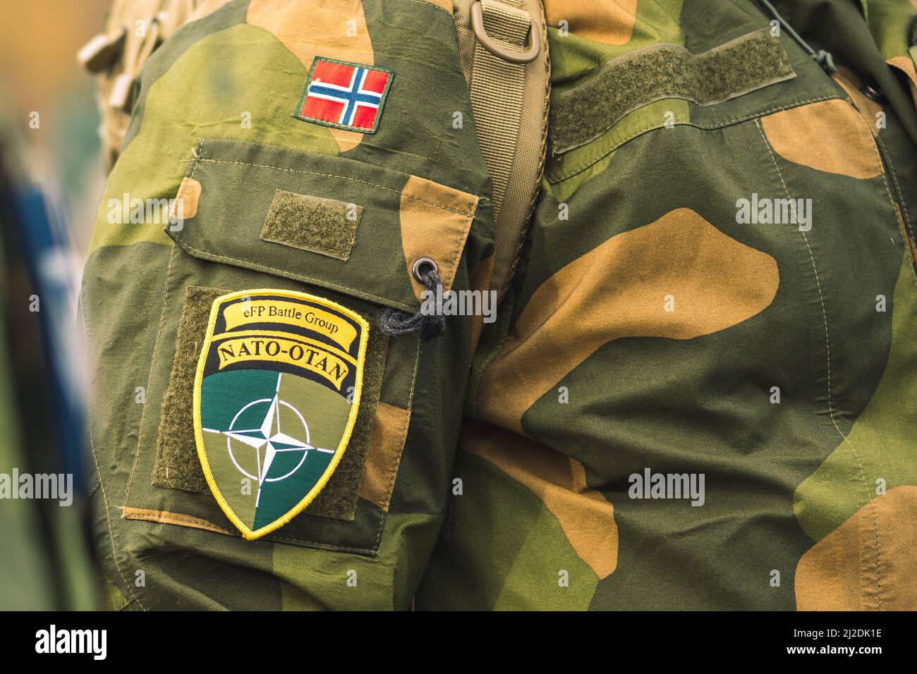 Flag of Norway, Norwegian Armed Forces on a soldier uniform, NATO force ...