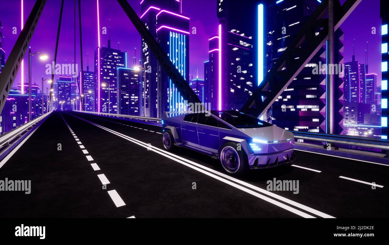 Futuristic transport car on highway in metaverse city. 3d render Stock ...