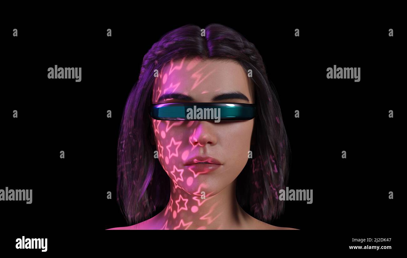 Female avatar wearing VR glasses in metaverse virtual world, 3d render ...