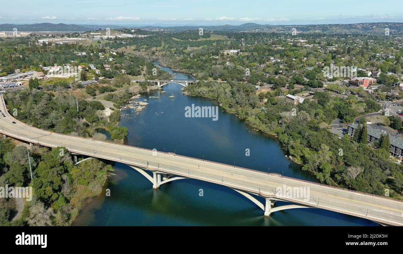 View of the American River with bridges in Folsom, California Stock ...