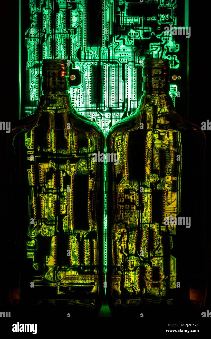 Abstract Still Life with bottles and the background of computer circuit ...