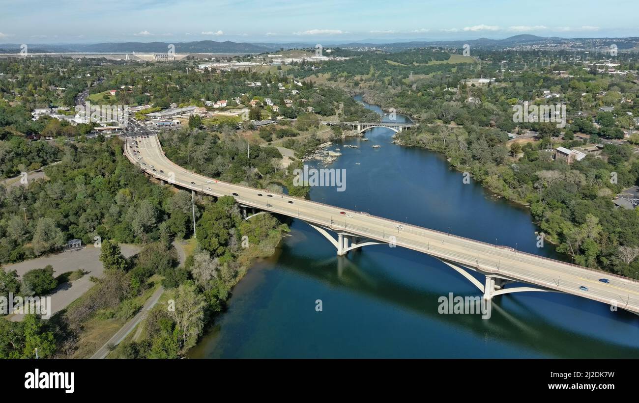View of the American River with bridges in Folsom, California Stock ...