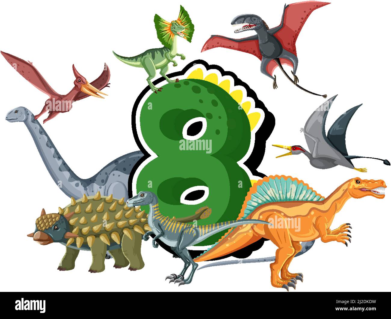 Eight dinosaurs with number eight cartoon illustration Stock Vector ...