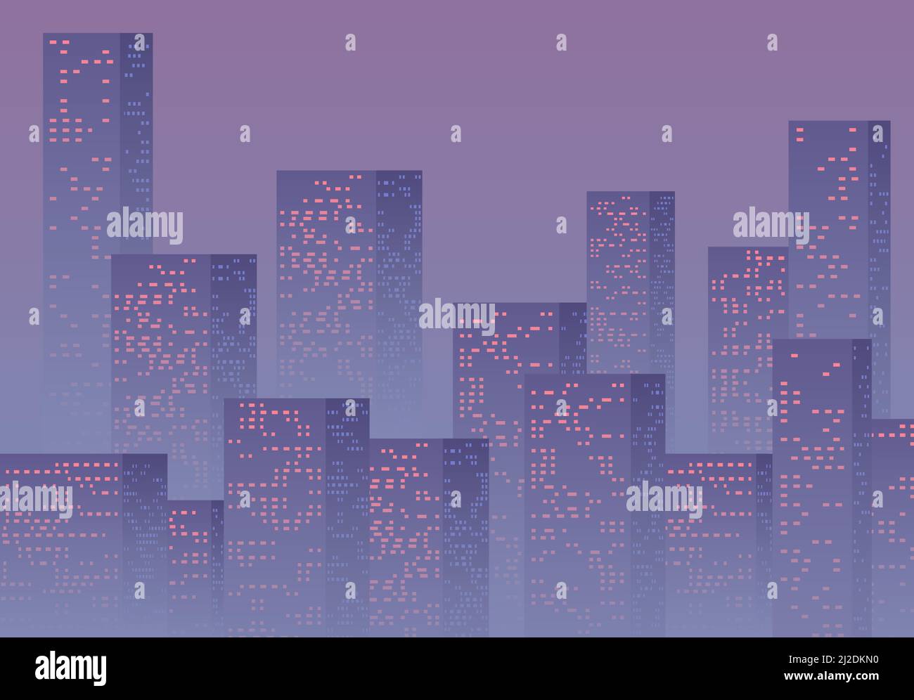 Violet sunset over the business city with skyscrapers. Purple highrise ...