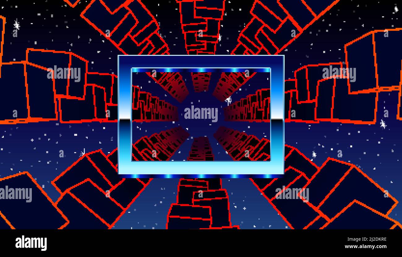 Synthwave frame with chrome rectangle and 80s styled synthwave arcade ...