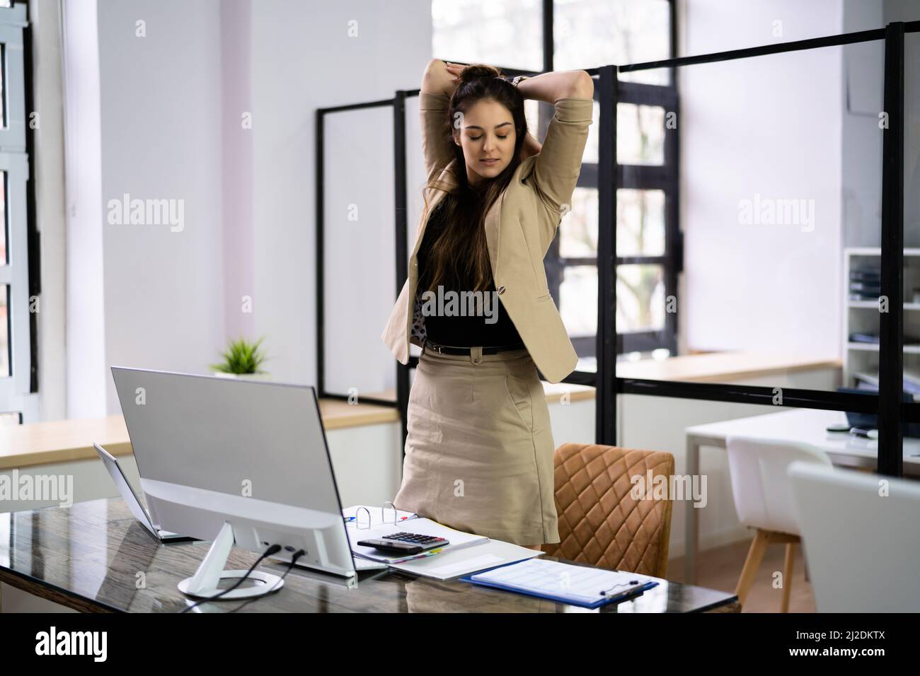 Stretch Exercise Workout Near Office Desk. Worker Stretching Stock ...