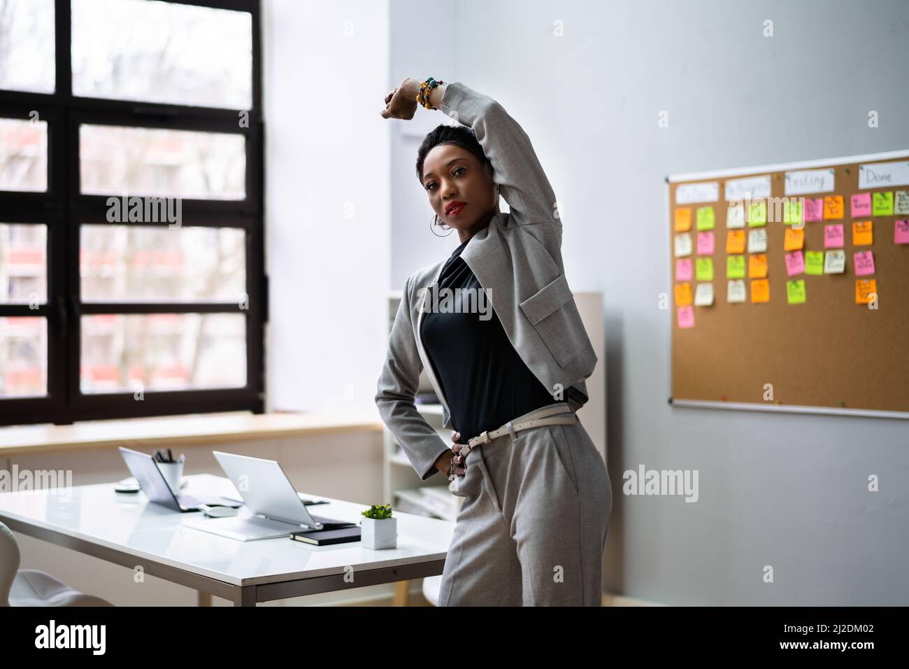 Stretch Exercise Workout Near Office Desk. Worker Stretching Stock ...