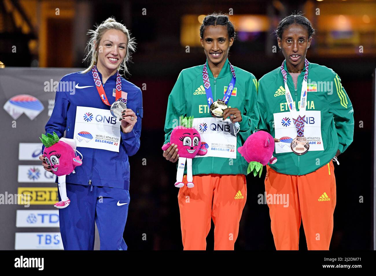Women's 3,000m gold medalist Lemlem Hailu (ETH), center, poses with ...