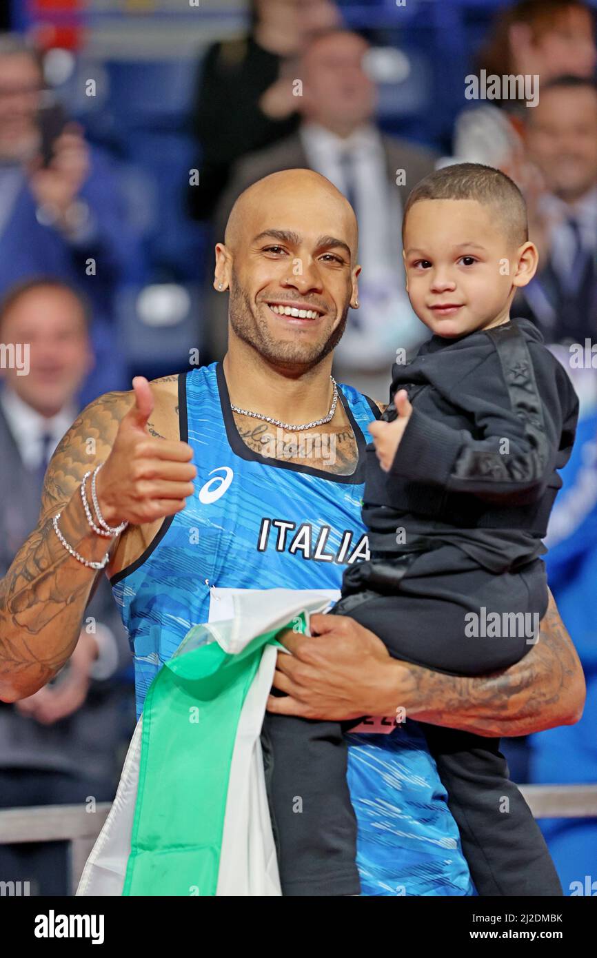 Lamont Marcell Jacobs Ita Holds His Son Adam Marcell Jacobs After Winning The 60m In 6