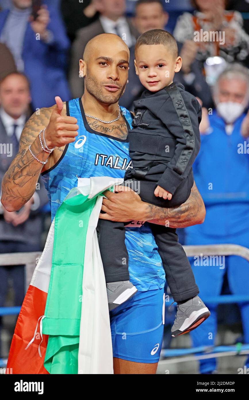 Lamont Marcell Jacobs (ITA) holds his son Adam Marcell Jacobs after ...