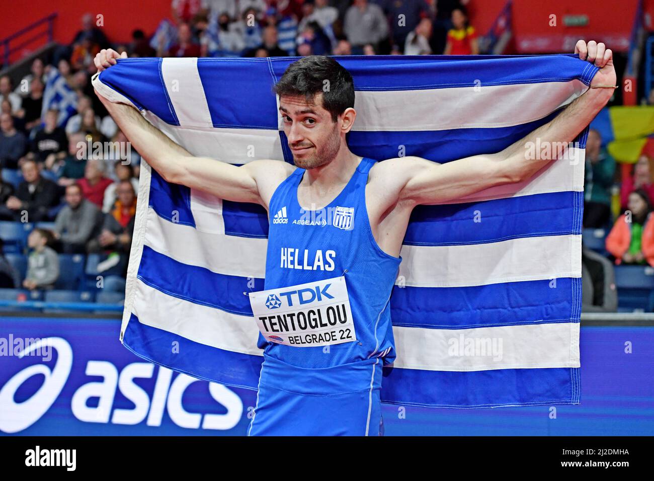 Miltiadis Tentoglou (GRE) poses with Greek flag after winning the long ... Miltiadis Tentoglou (GRE) poses with Greek flag after winning the long ...