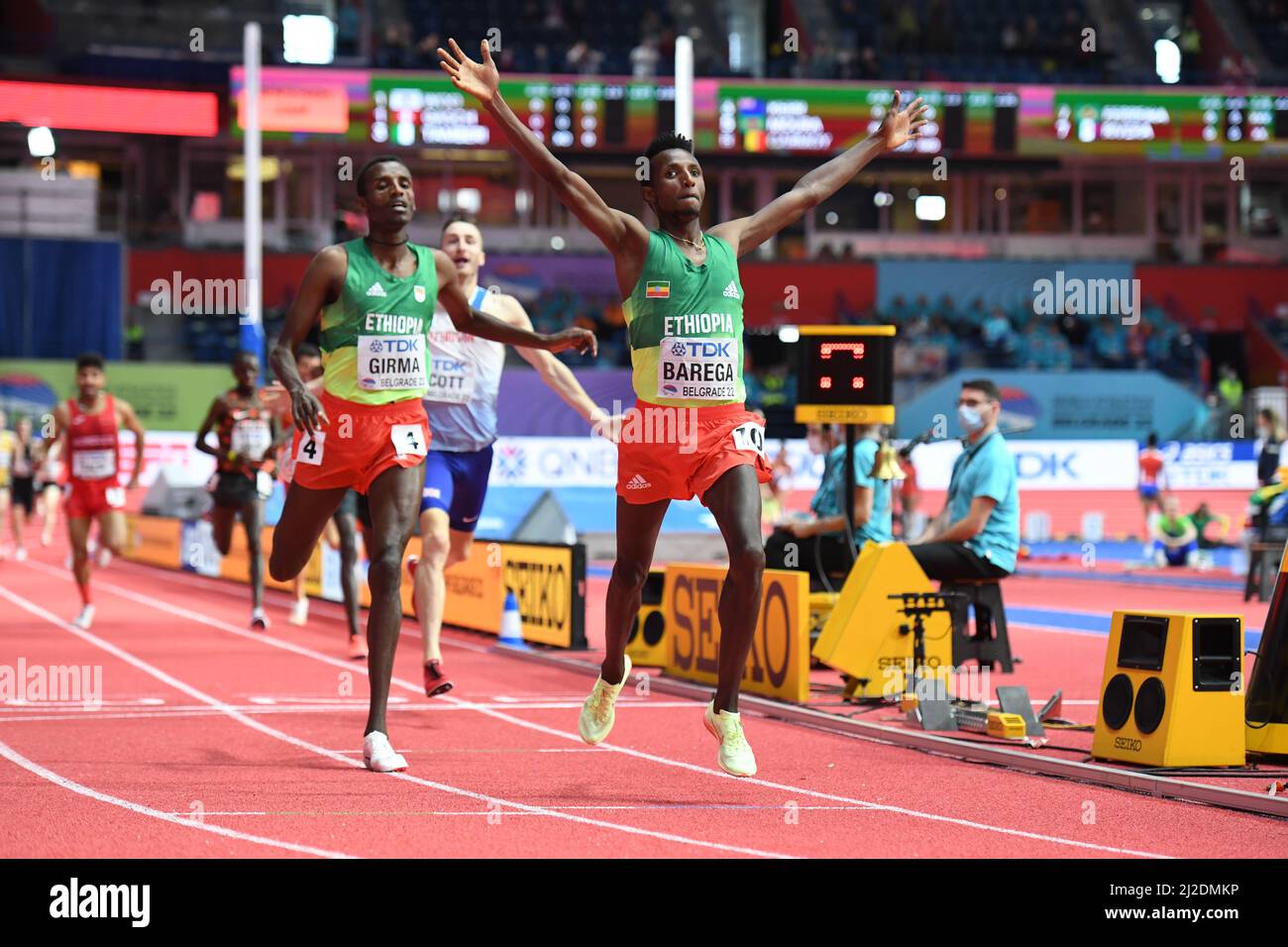 Selemon Barega (ETH) celebrates after defeating Lamecha Girma (ETH) to ...