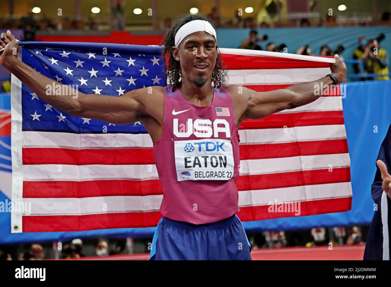 Jarret Eaton (USA) poses with United States flag after placing third in ...