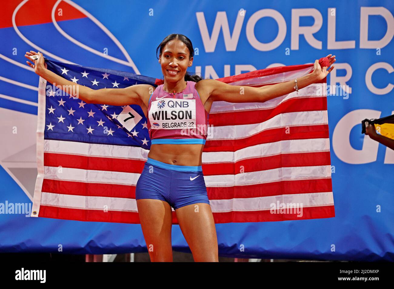 Ajee Wilson (USA) poses with United States flag after winning the women ...