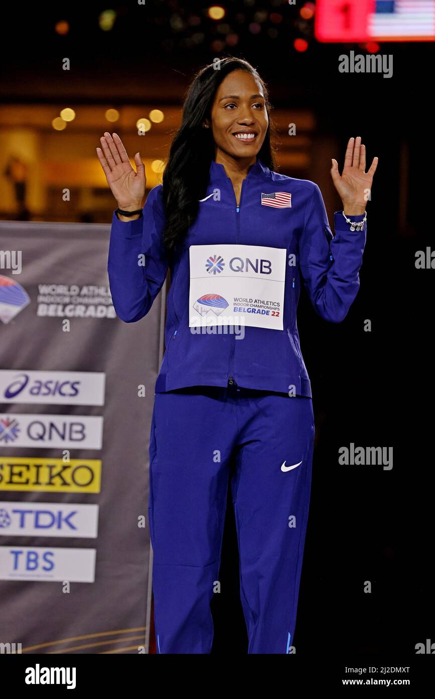 Ajee Wilson (USA) poses during medal ceremony after winning the women's ...