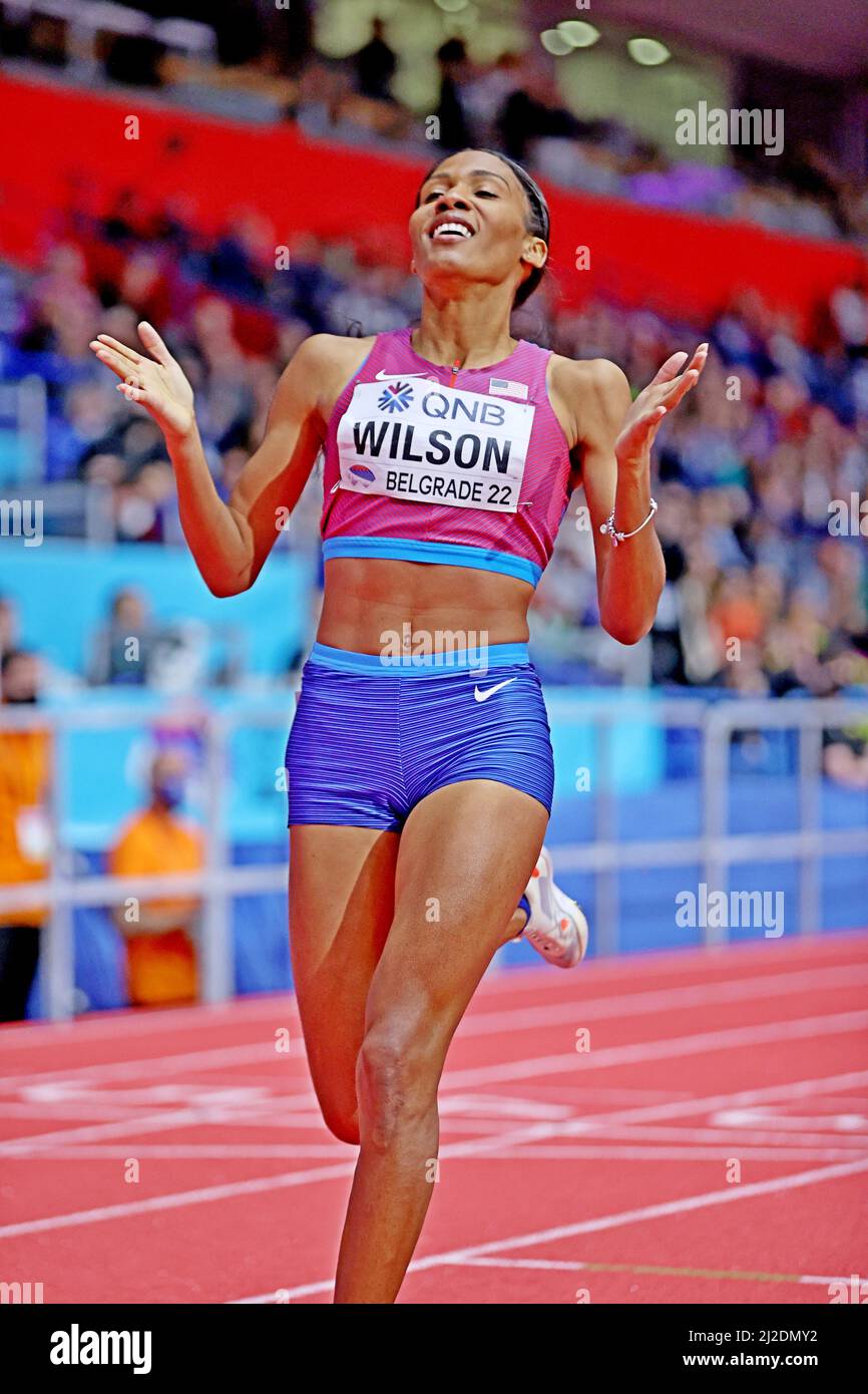 Ajee Wilson (USA) celebrates after winning the women's 800m in 1:59.09 ...