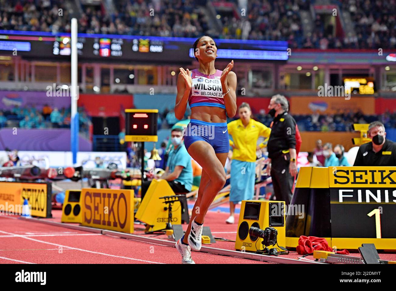 Ajee Wilson (USA) celebrates after winning the women's 800m in 1:59.09 ...
