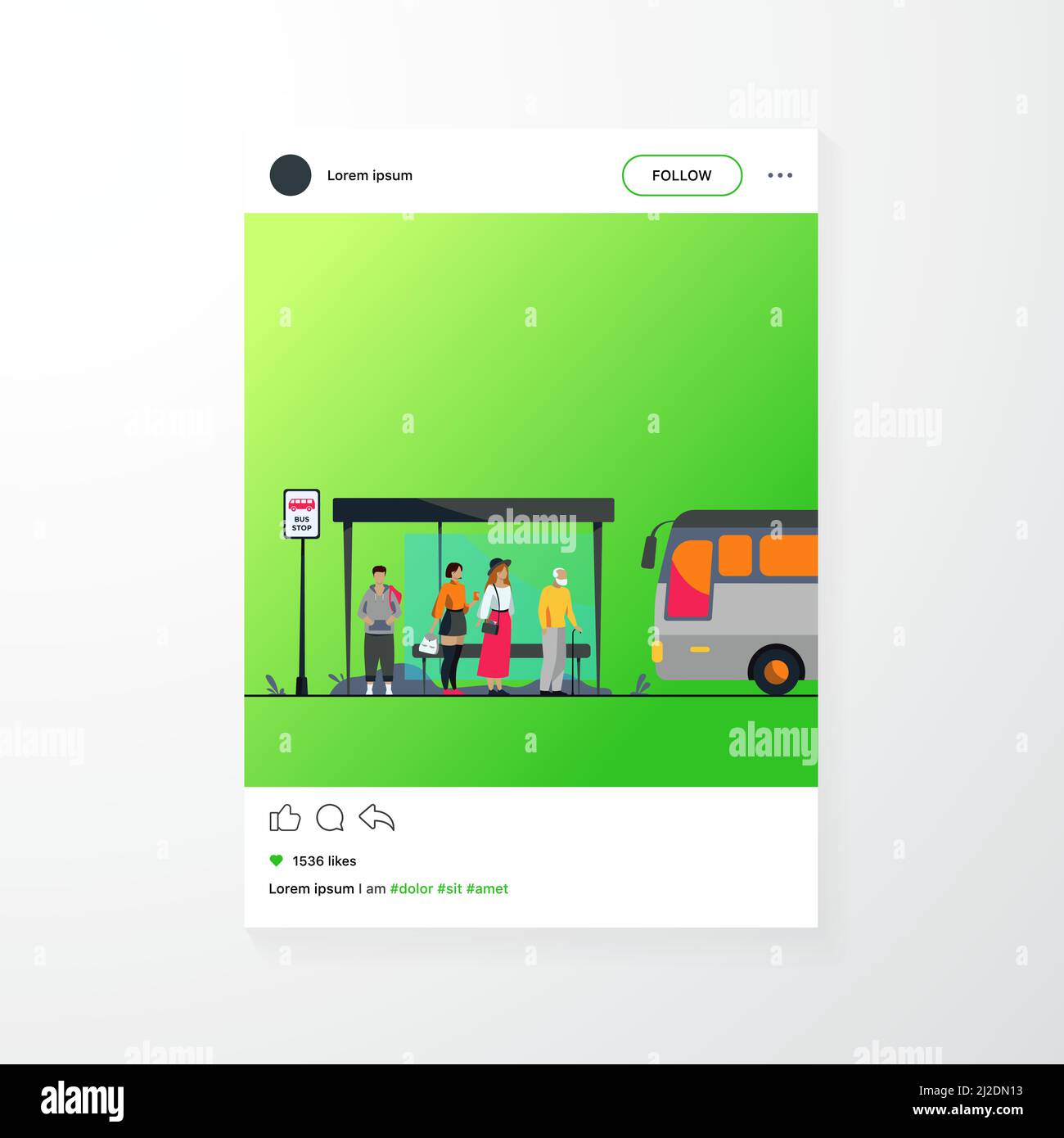 Passengers waiting for public transport at bus stop flat vector ...