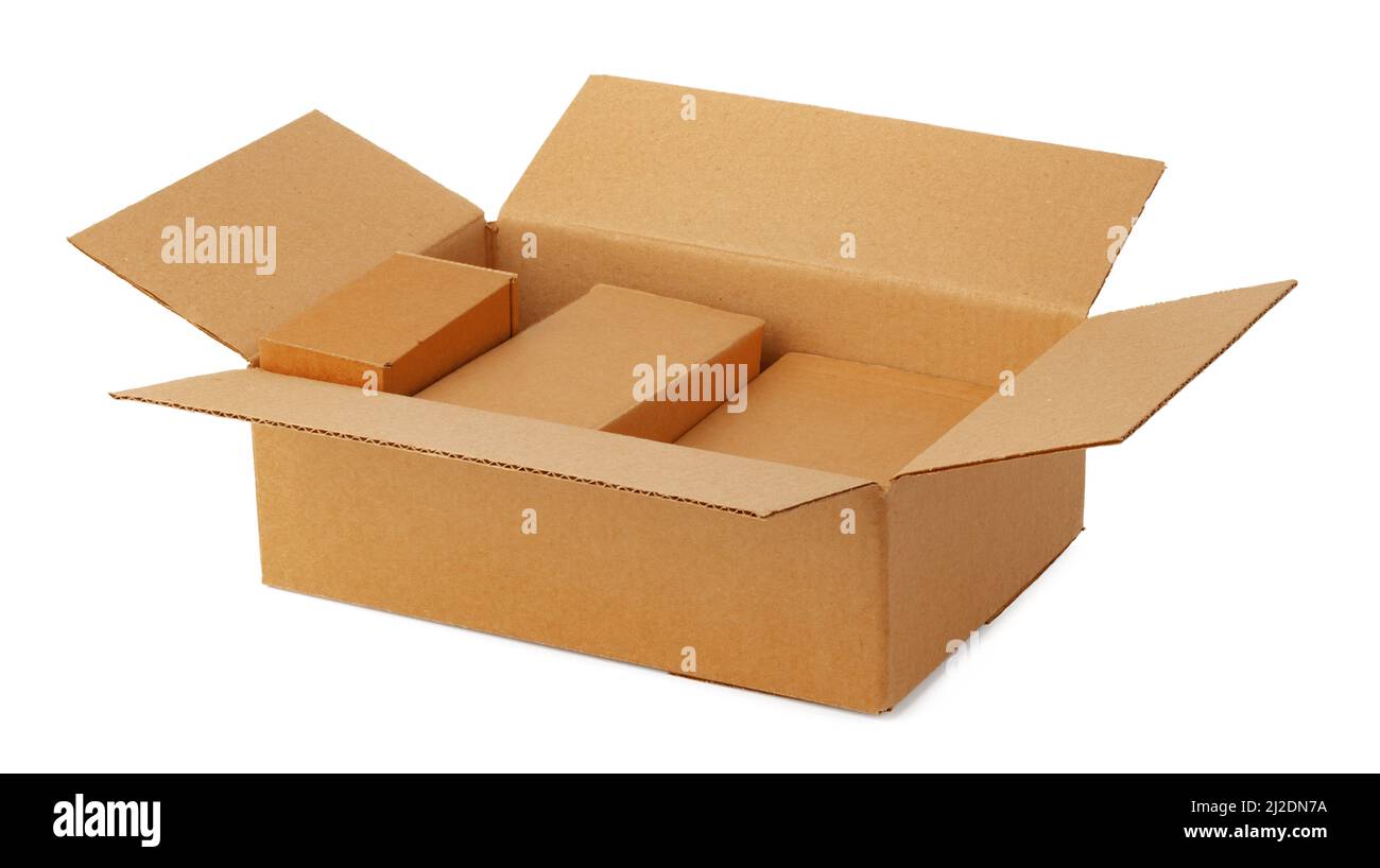 Craft cardboard boxes isolated on white background Stock Photo - Alamy