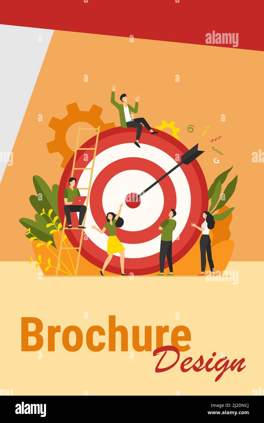 Positive tiny people sitting and walking near huge target with arrow ...