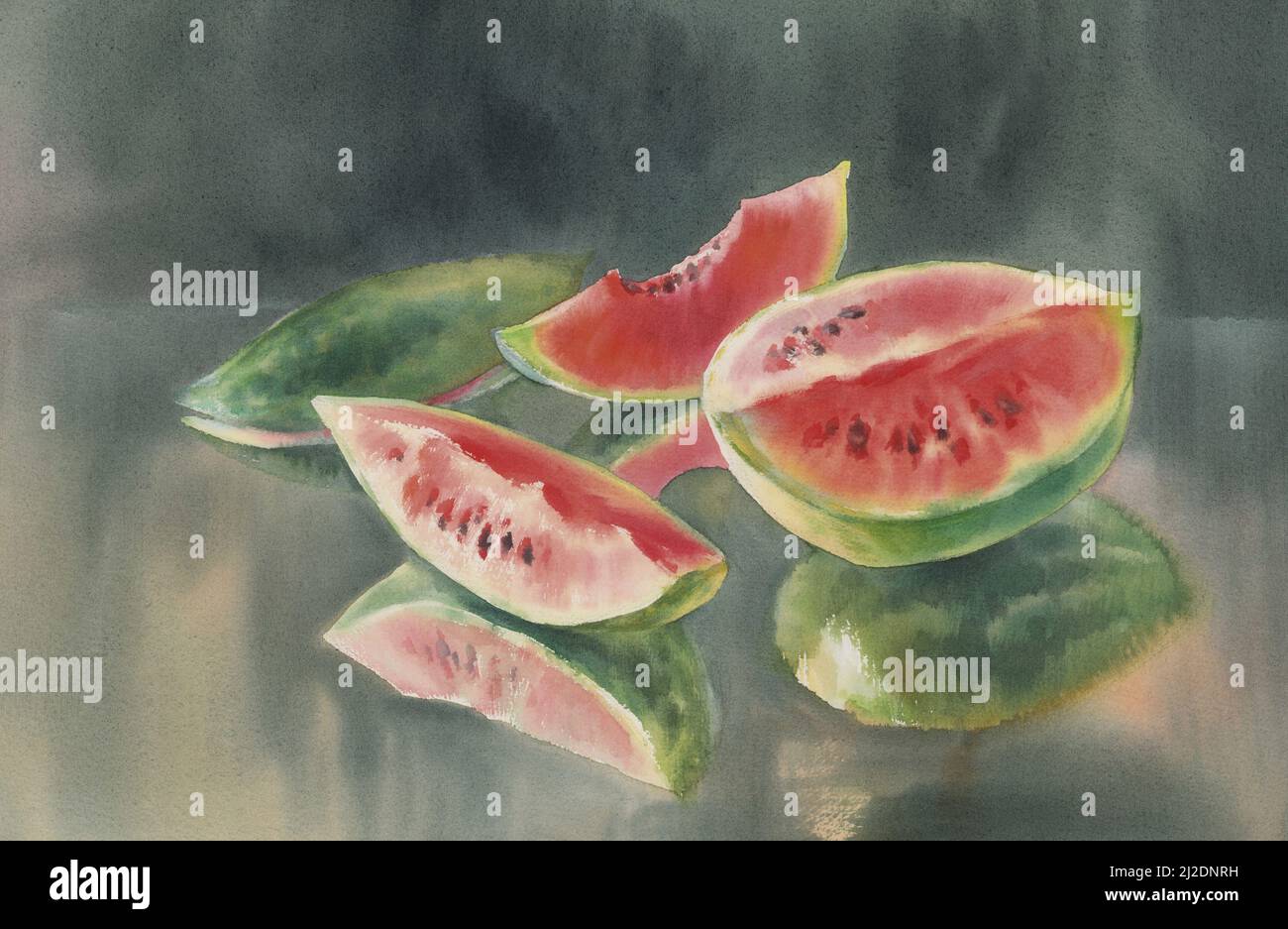Watermelon peaces on a grey watercolor background Stock Photo - Alamy