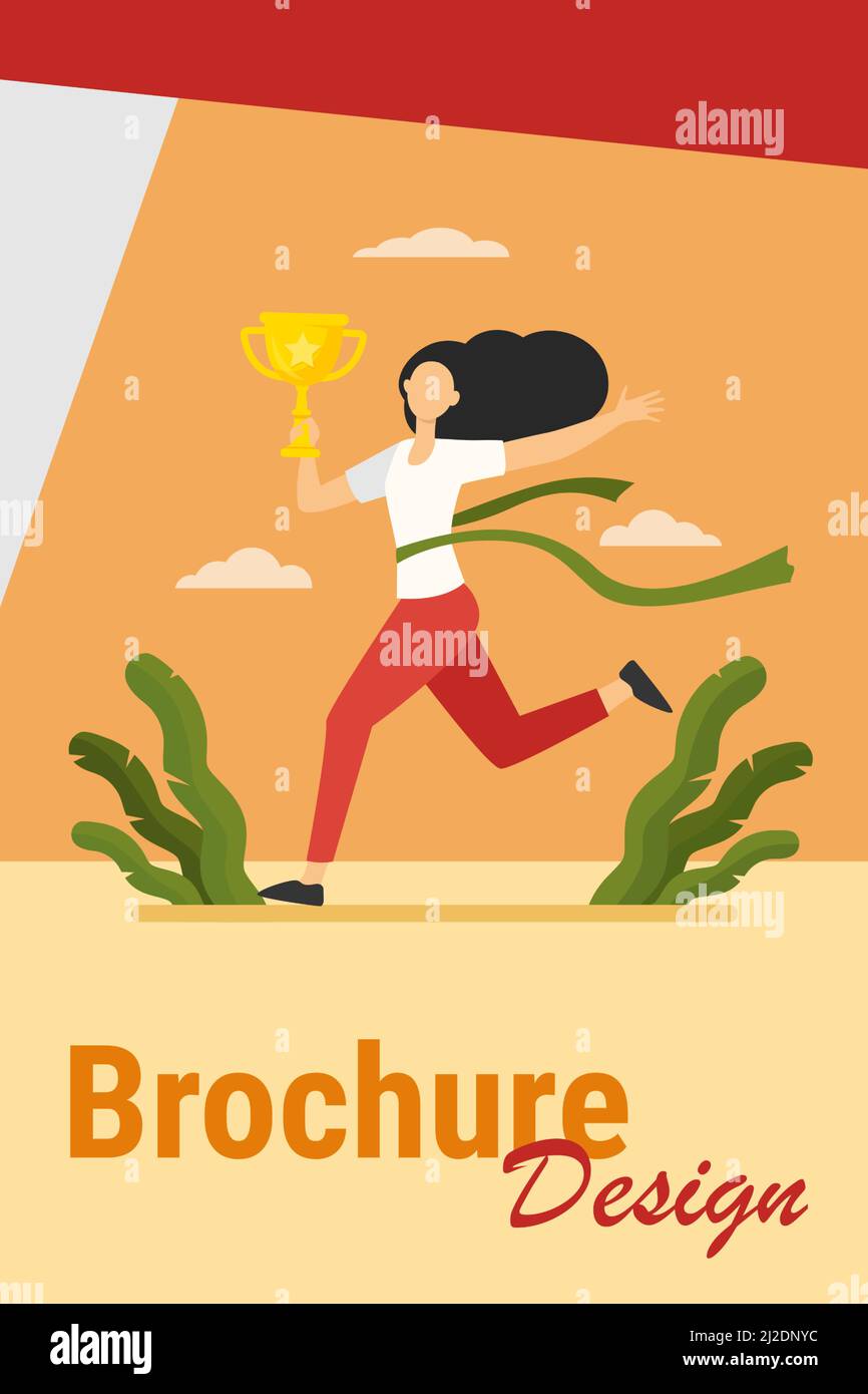 Running woman winning racing. Marathon leader holding cup, crossing ...