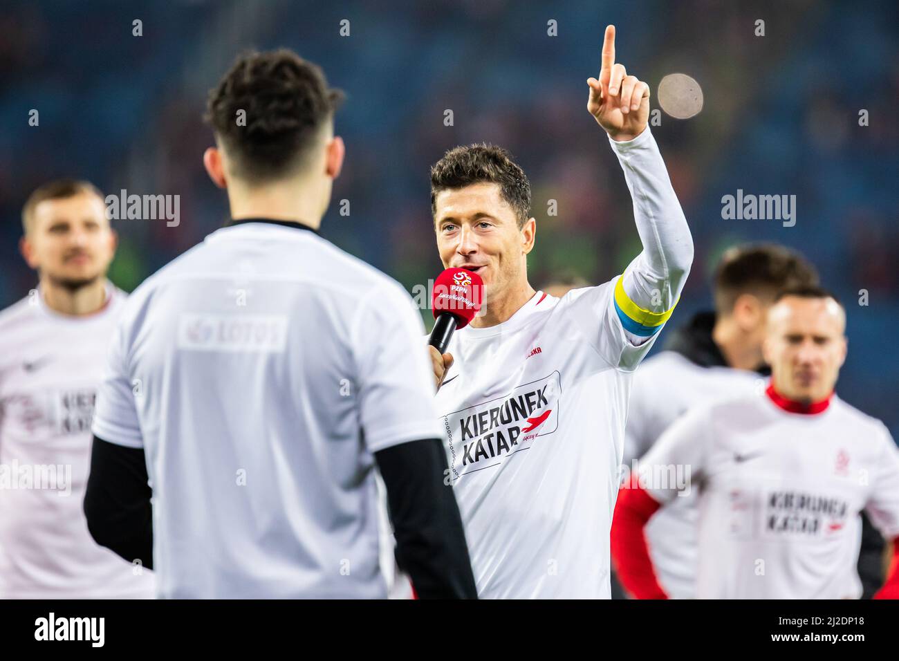 Robert Lewandowski (C) of Poland speaks to fans during the celebration ...