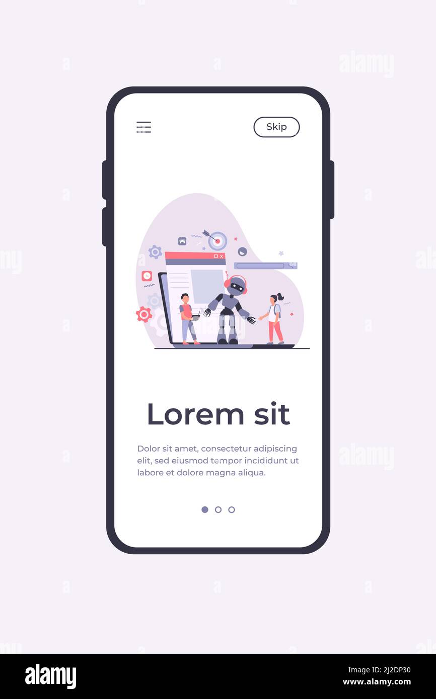 School activity and robotics class concept. Boy operating robot with ...