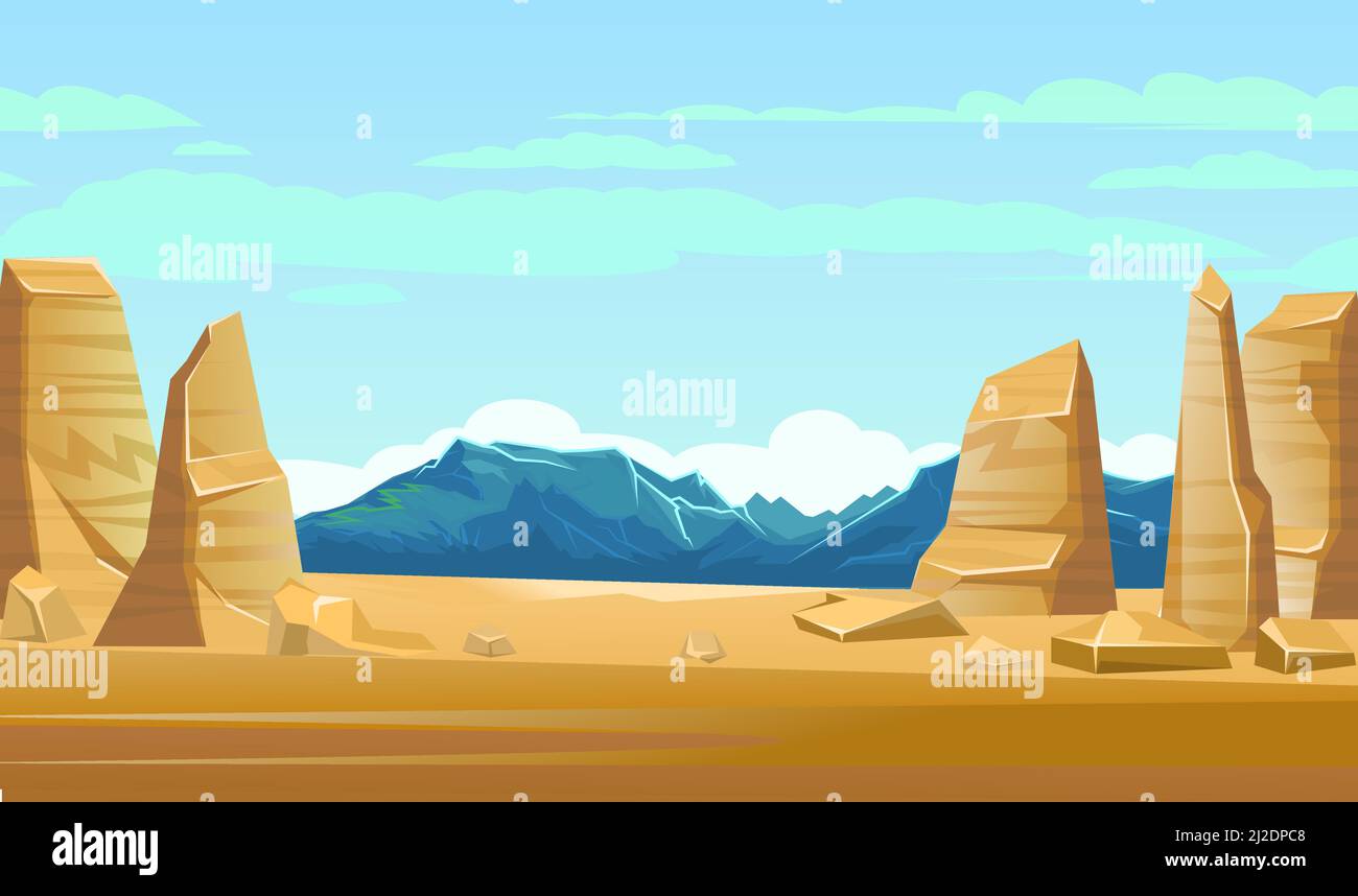 Dunes of desert and mountains in distance. Cliff rocks, sandstone and ...