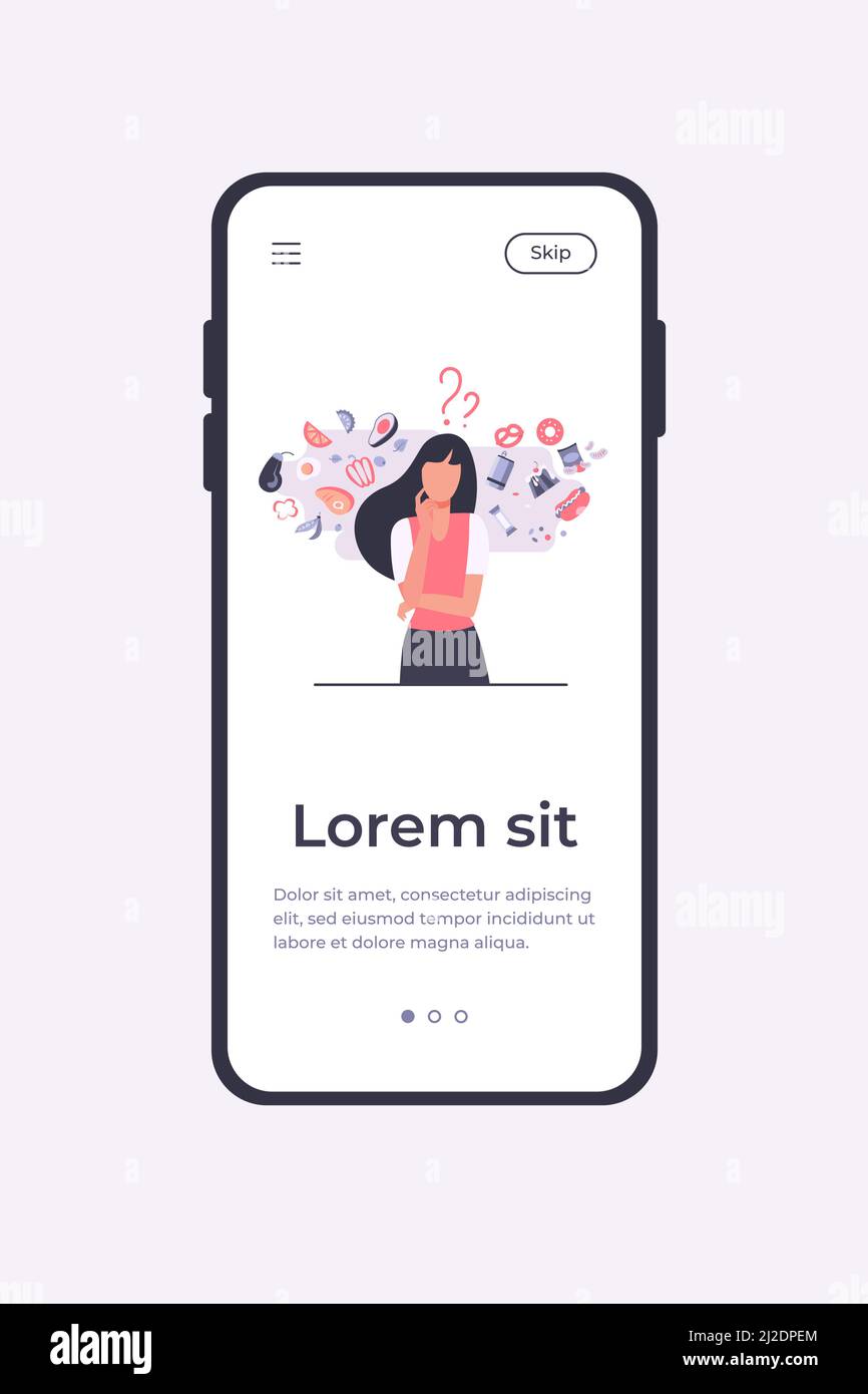 Woman choosing between healthy and unhealthy food. Character thinking ...