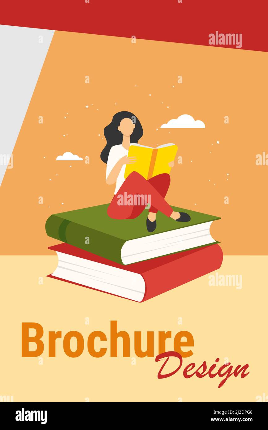 Woman reading on stack of books. Student girl doing homework flat ...