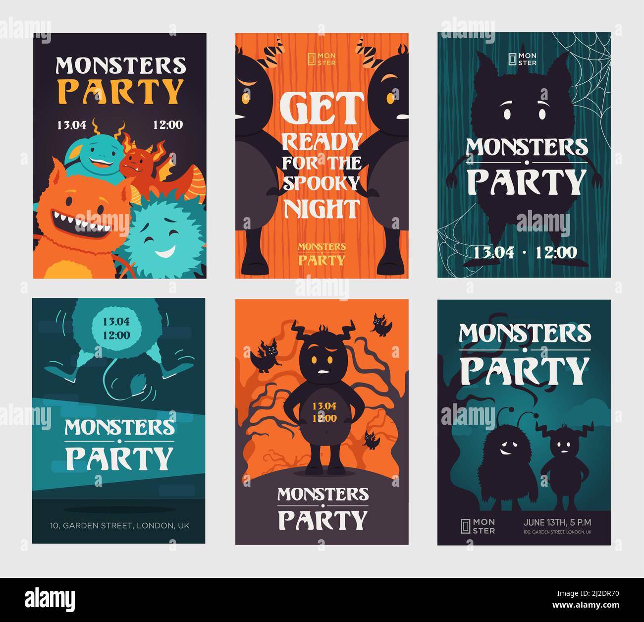 Creepy monster party invitation designs with beasts. Stylish spooky ...