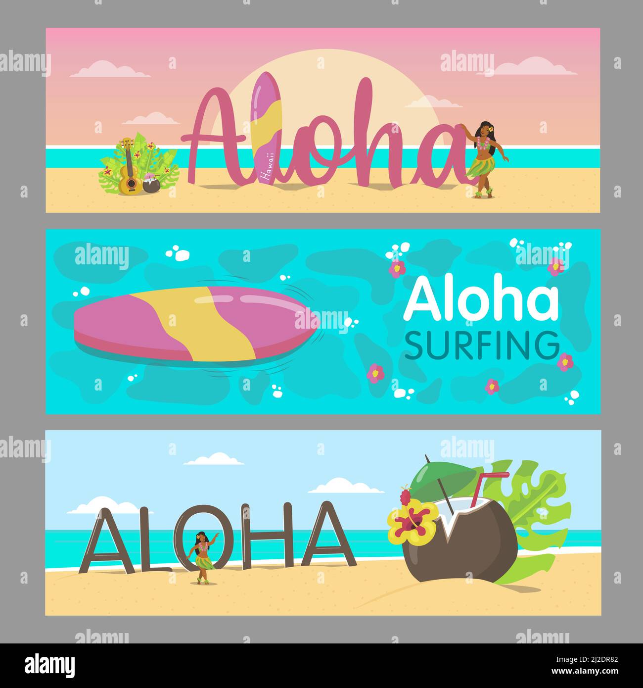 Aloha banners design for Hawaiian resort. Colorful lady dancing on ...