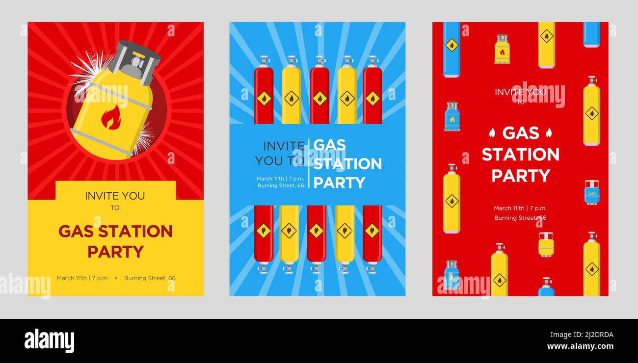 Gas station party invitation cards set. Cylinders and balloons with ...