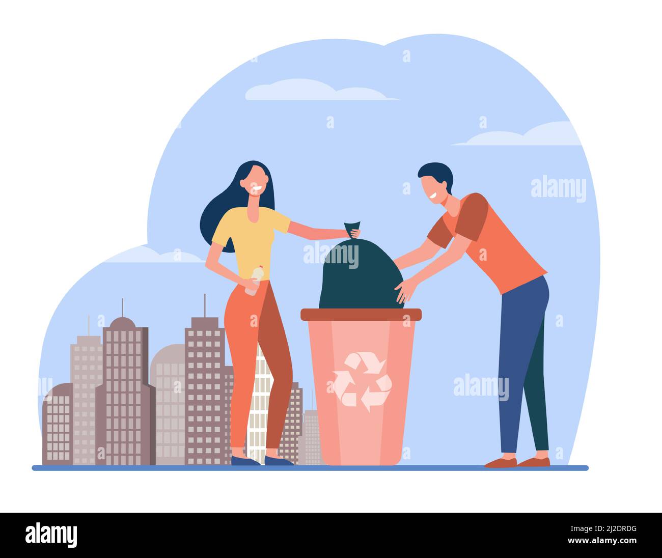 Couple of volunteers collecting garbage. People placing bag with trash ...