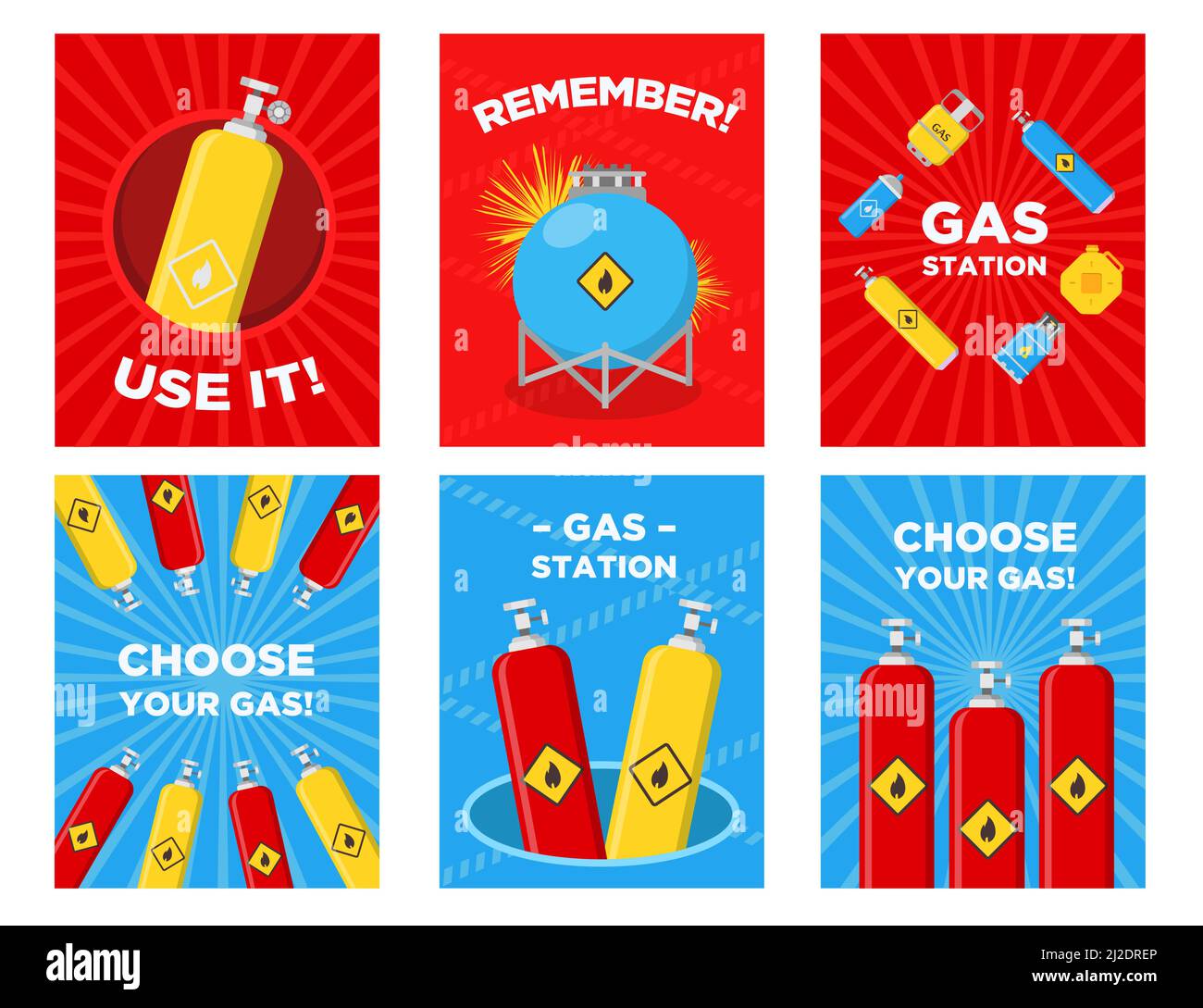 Gas station greeting cards set. Cylinders, tanks, canisters with ...