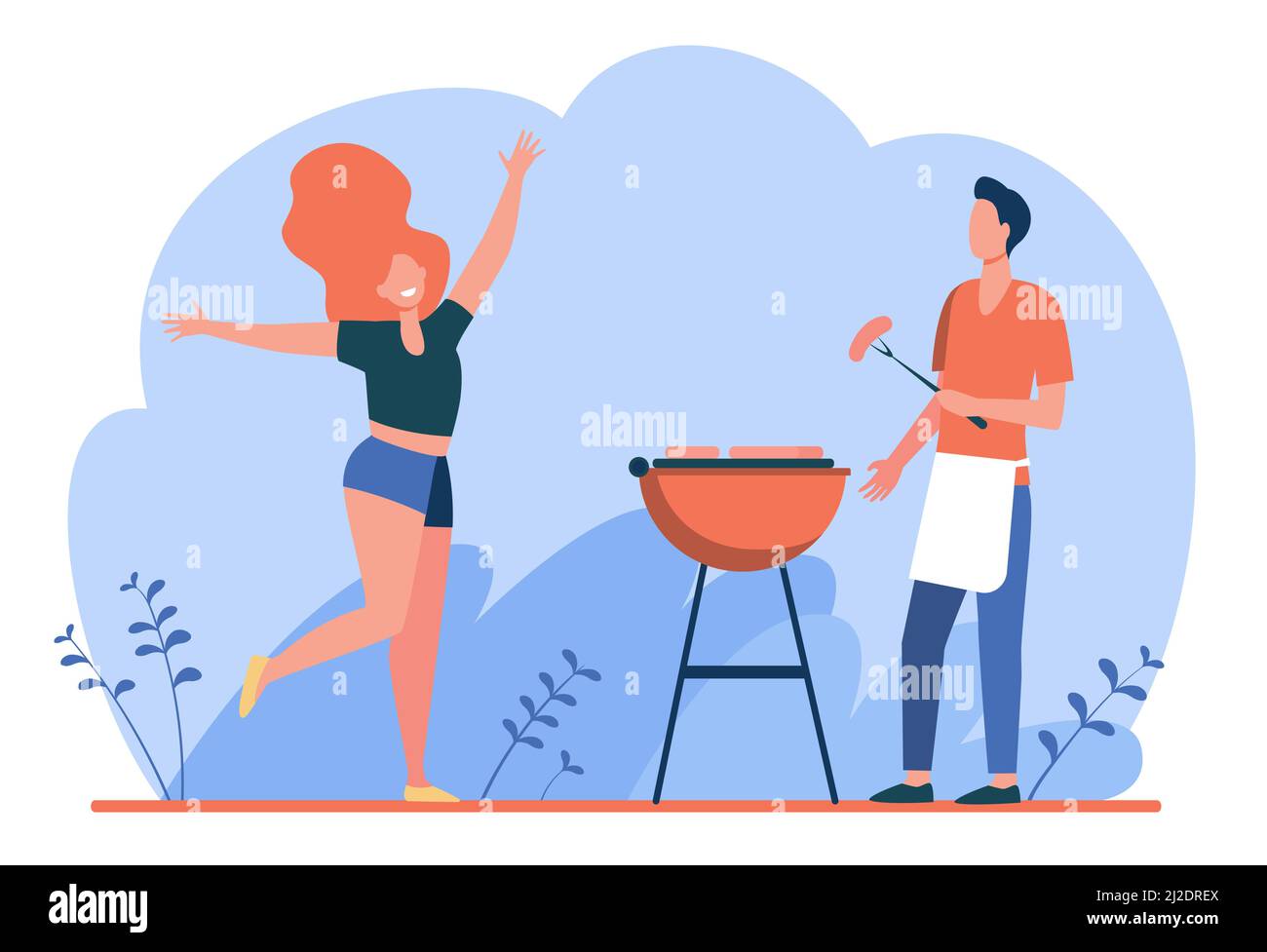 Happy couple enjoying barbecue party. Guy cooking grilled meat, girl ...