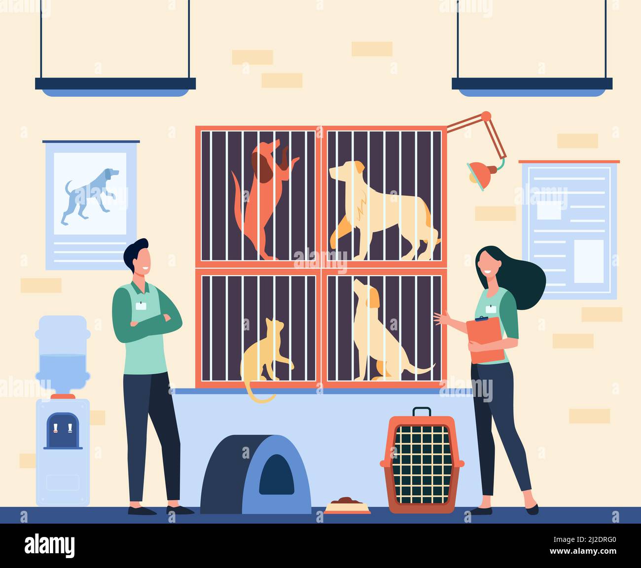 Happy volunteers with badges working in animal shelter, taking care ...