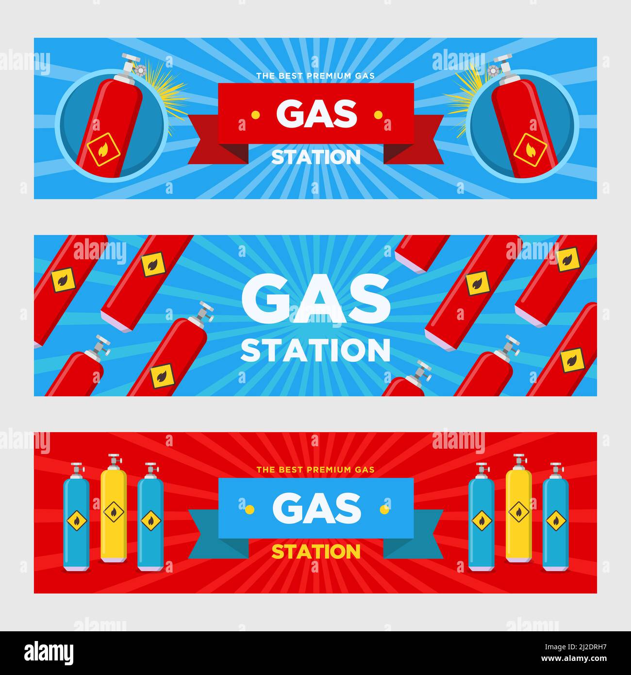 Gas station banners set. Cylinders and balloons with flammable sign ...